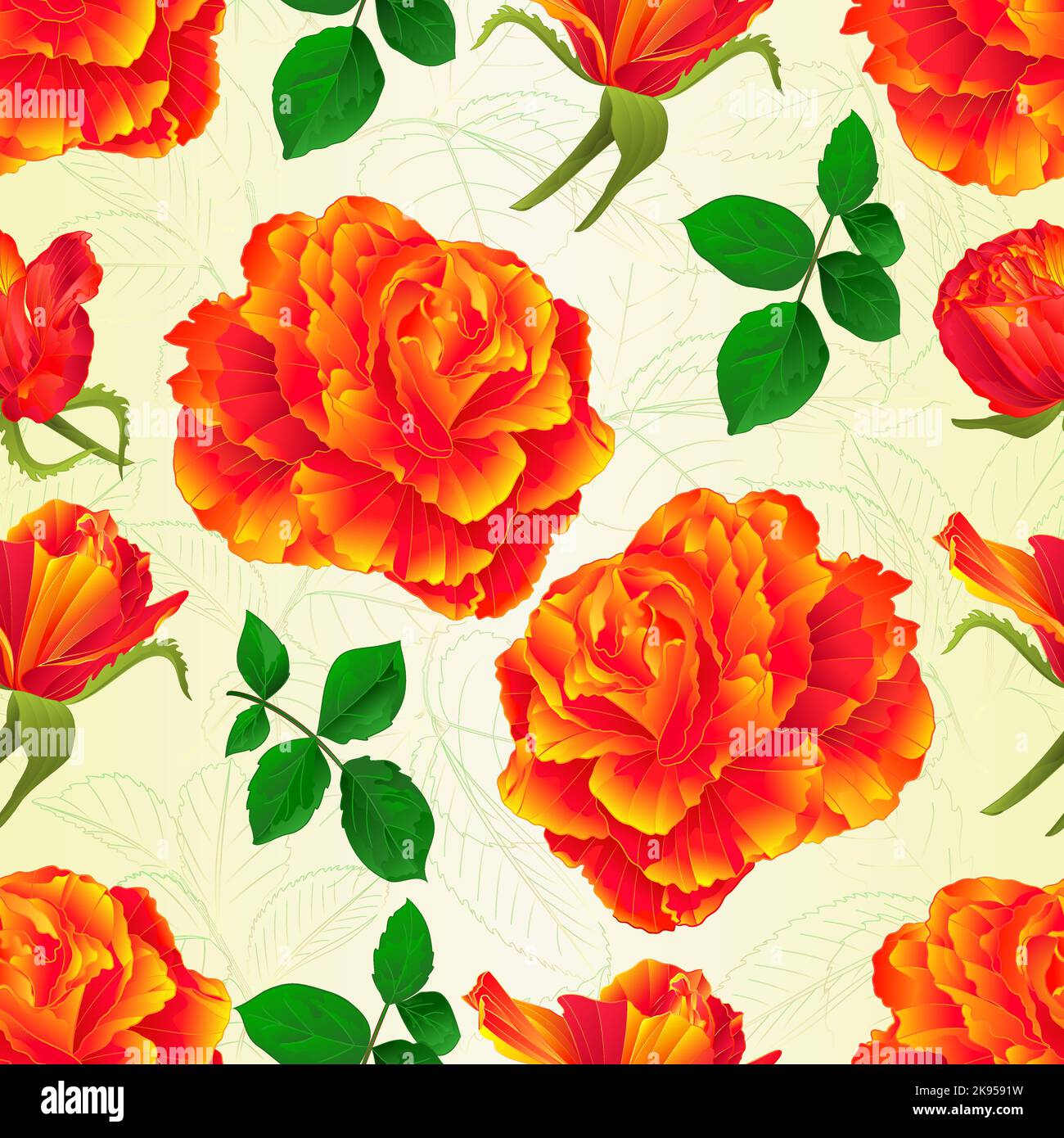 Seamless texture flowers orange rose and buds vintage vector illustration editable hand draw ...