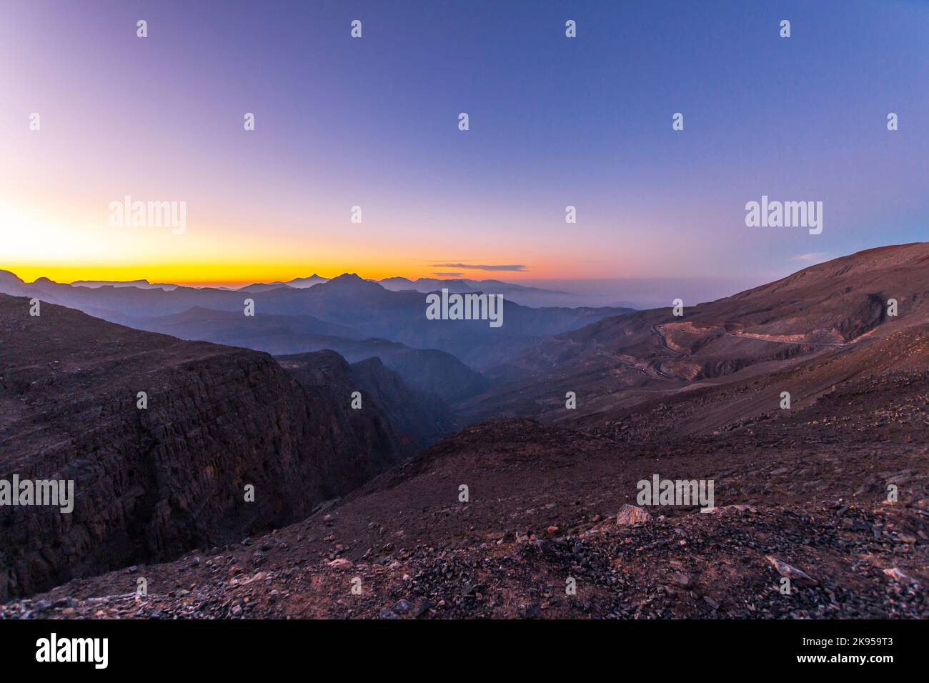 Early morning beautiful view of Jebal Jais mountains during winter ...