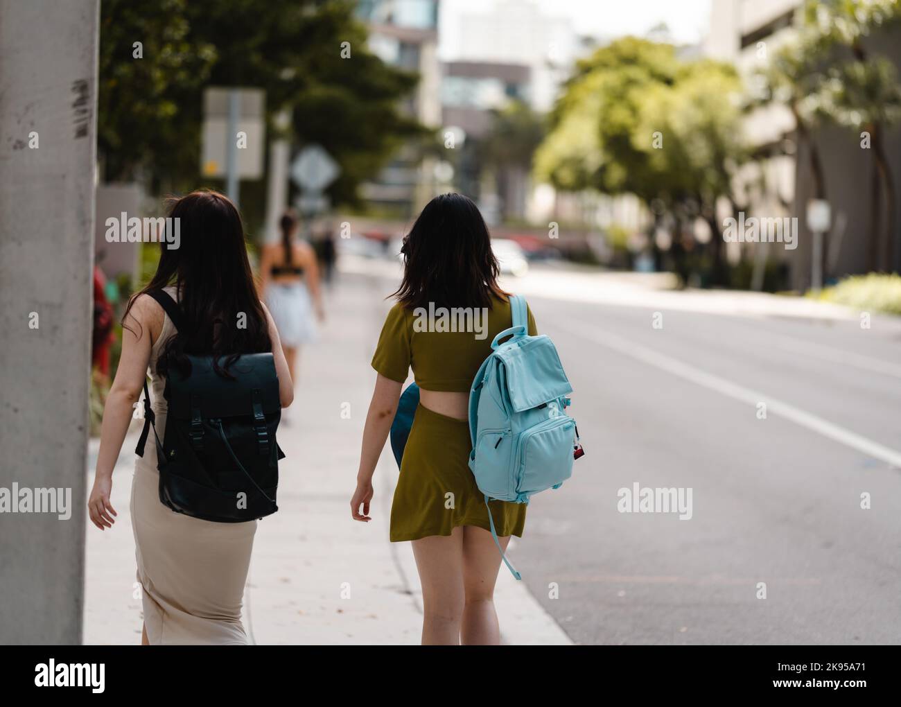 A back view of two young girls walking on a street during the daytime ...