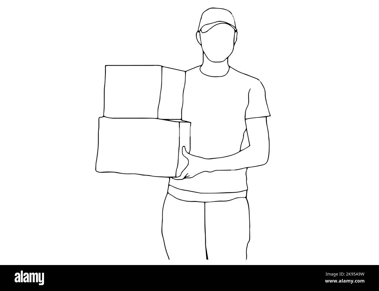 The guy in the cap courier with boxes. One line drawing isolated object ...