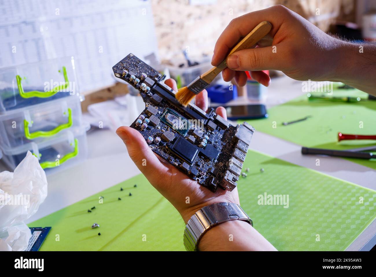 Professional computer and tablet repair shop or service. Close up of a ...