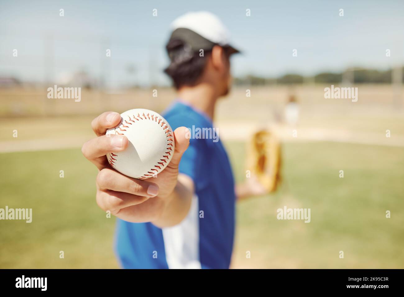 Baseball player, ball and man hands in fitness game, workout match or ...