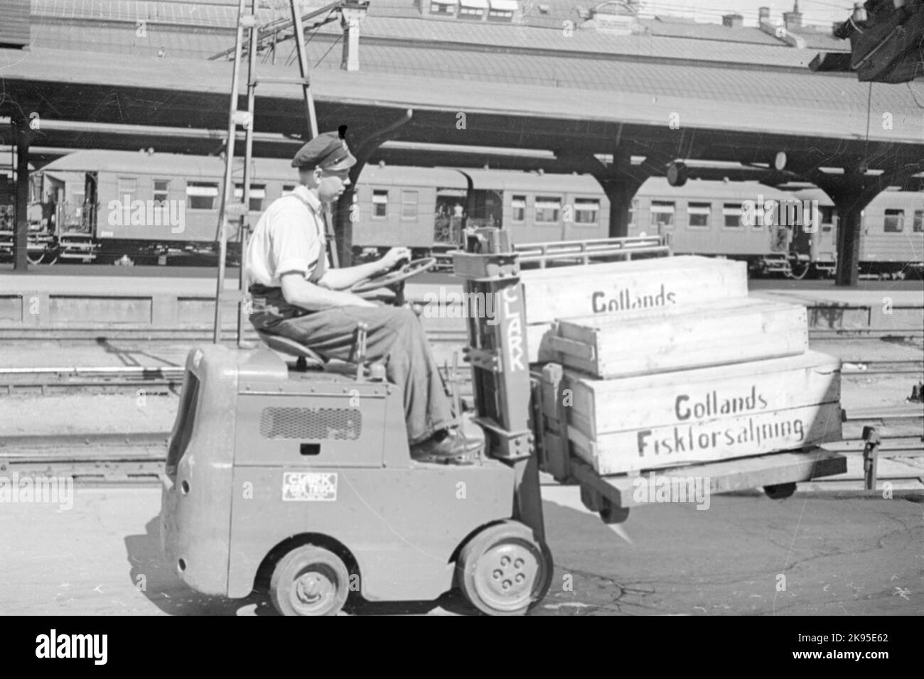 Forklift with boxes Gotland's fish sales. Probably Stockholm Centralen ...
