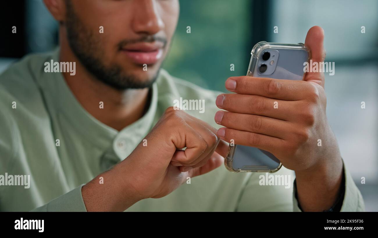 Businessman customer sitting play smartphone hi-res stock photography ...