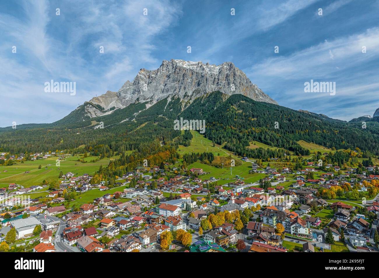 Aerial view to the Tiroler Zugspitz Arena around Ehrwald and Lermoos in ...
