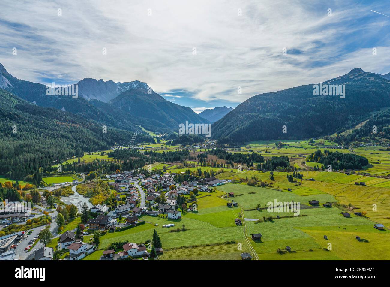 Aerial view to the Tiroler Zugspitz Arena around Ehrwald and Lermoos in ...
