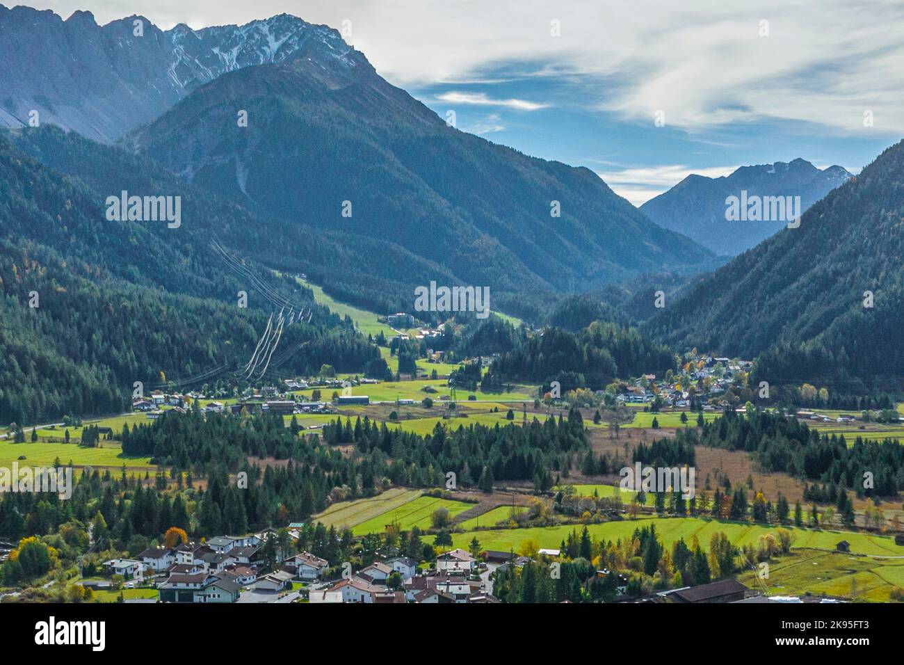 Aerial view to the Tiroler Zugspitz Arena around Ehrwald and Lermoos in ...
