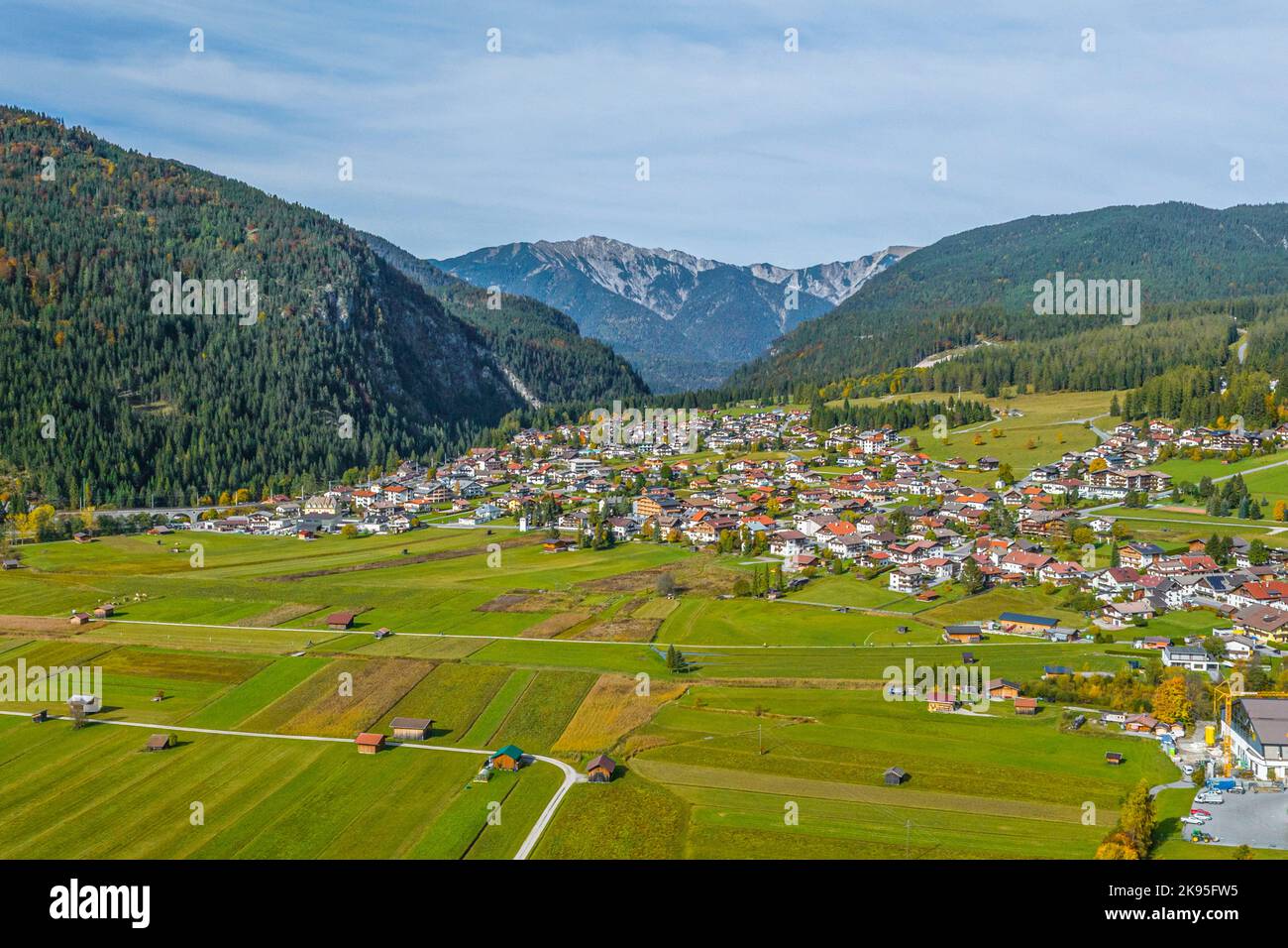 Aerial view to the Tiroler Zugspitz Arena around Ehrwald and Lermoos in ...