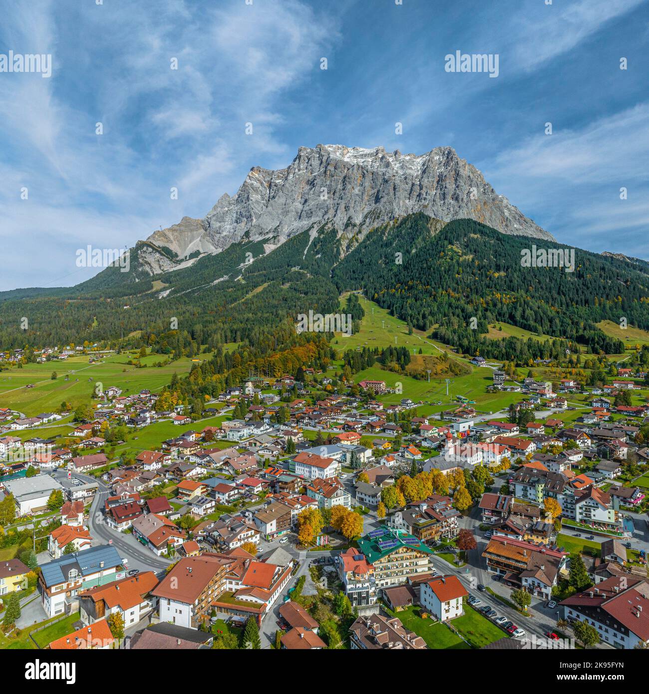 Aerial view to the Tiroler Zugspitz Arena around Ehrwald and Lermoos in ...