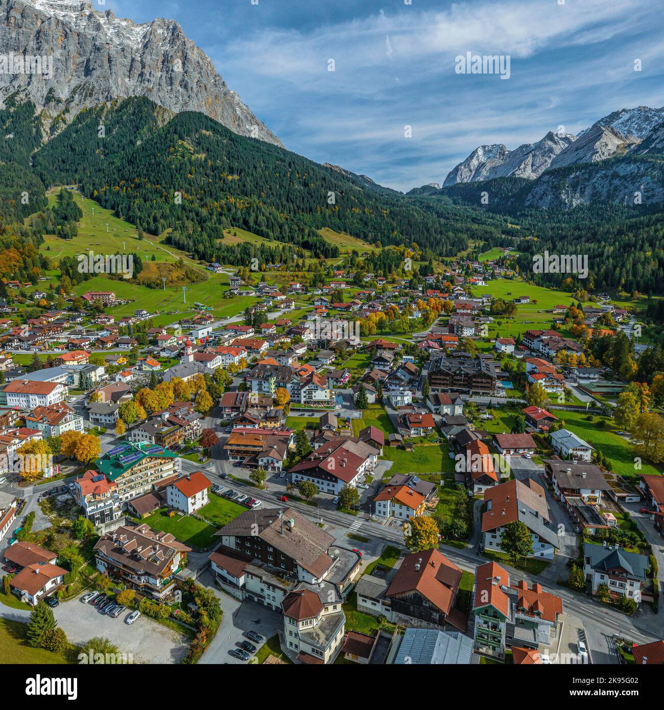 Aerial view to the Tiroler Zugspitz Arena around Ehrwald and Lermoos in ...