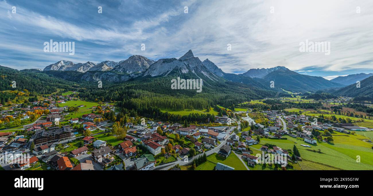 Aerial view to the Tiroler Zugspitz Arena around Ehrwald and Lermoos in ...