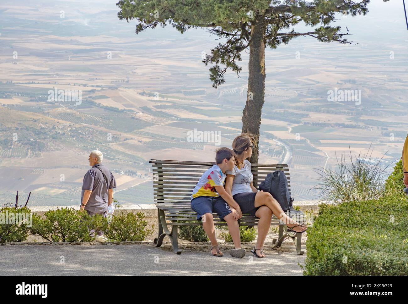 Italy, Sicily, Erice. The fields spread out 800m below the hill town ...