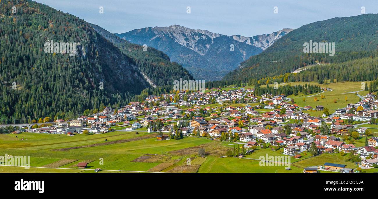 Aerial view to the Tiroler Zugspitz Arena around Ehrwald and Lermoos in ...