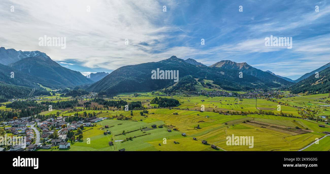 Aerial view to the Tiroler Zugspitz Arena around Ehrwald and Lermoos in ...