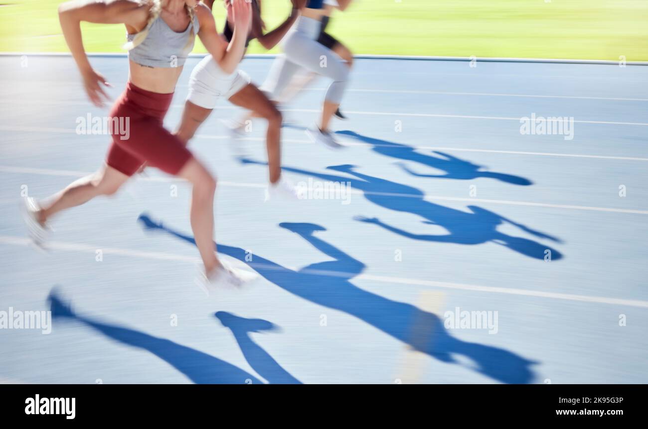 Sports, race and running on track together with athletes in outdoor ...