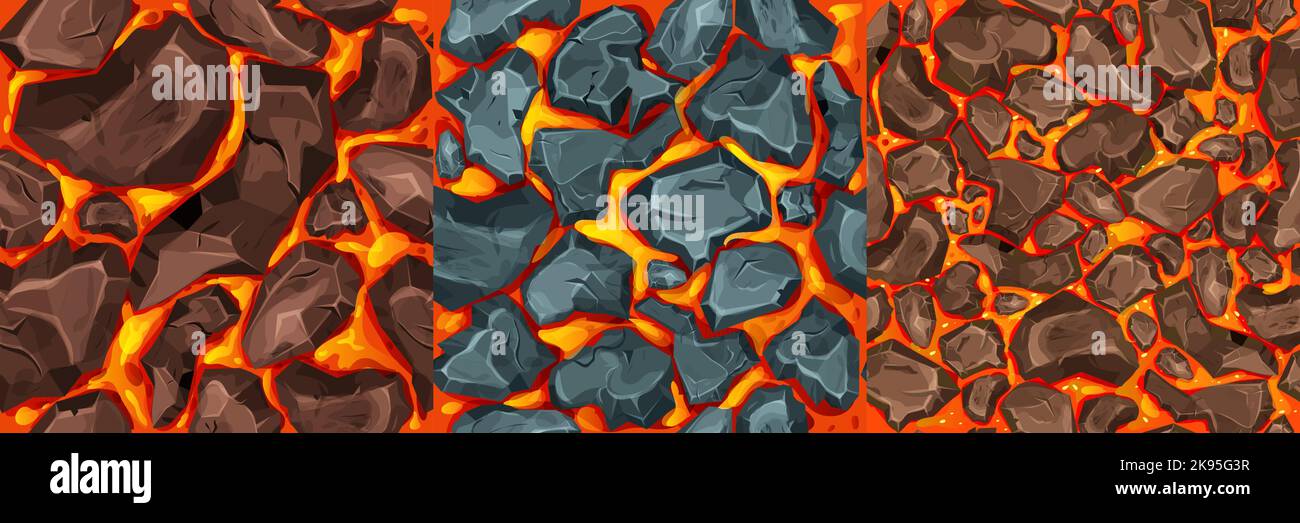 Lava, magma with stones in cartoon style seamless pattern background. Eruption effect, landscape ...
