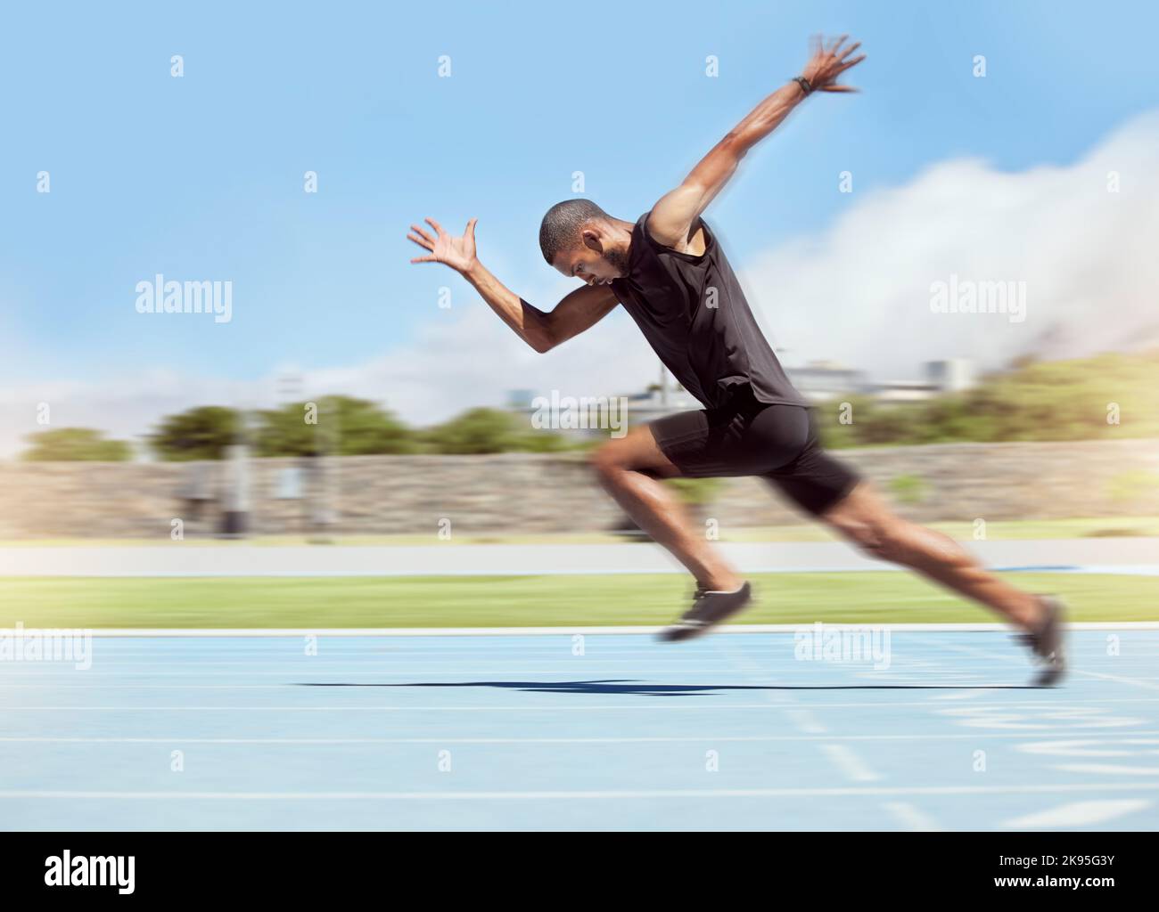 Fitness, sports and runner running with speed, fast and with ...