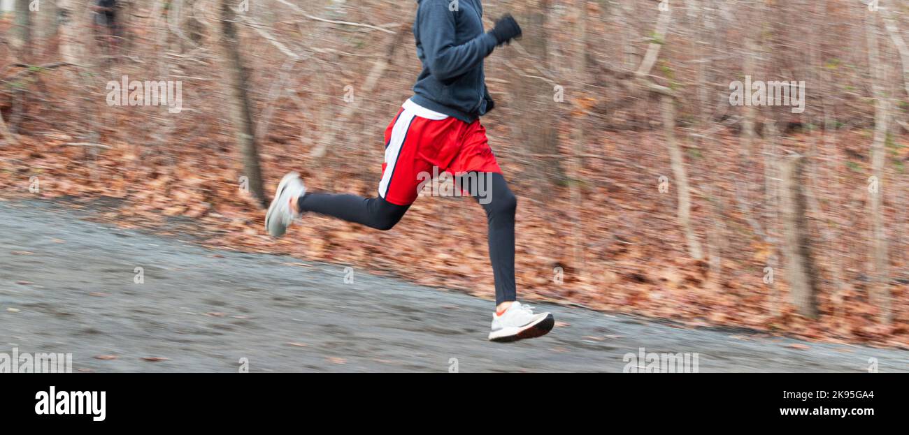 Rear view of a runner running fast downhill in the woods with a blurred ...