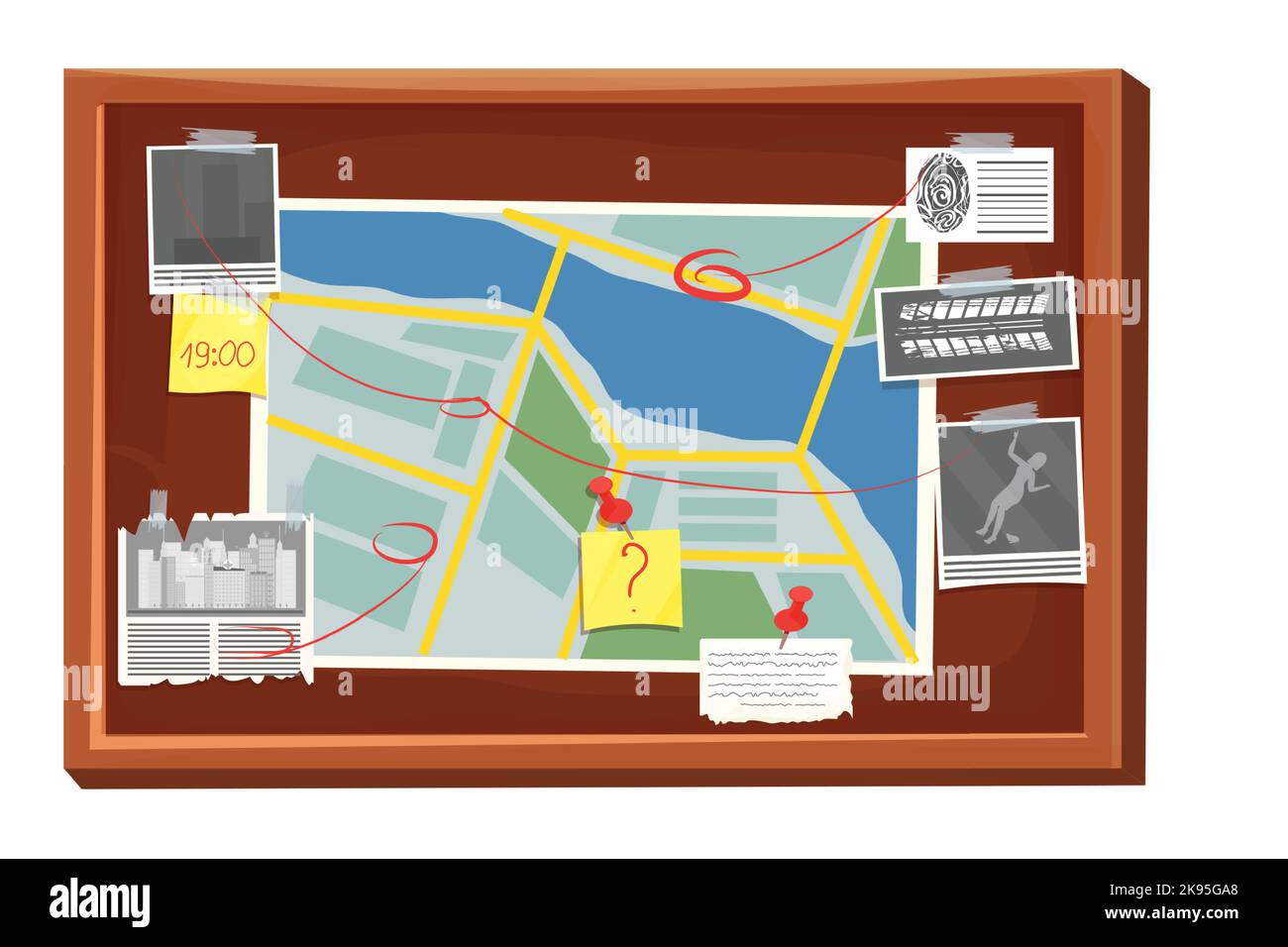 Detective investigation board, work place in cartoon style isolated on white background. Mystery ...