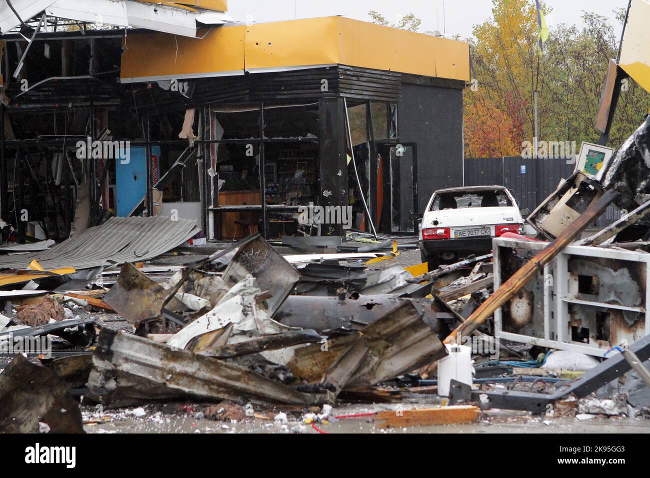 DNIPRO, UKRAINE - OCTOBER 26, 2022 - A petrol station shows damage ...