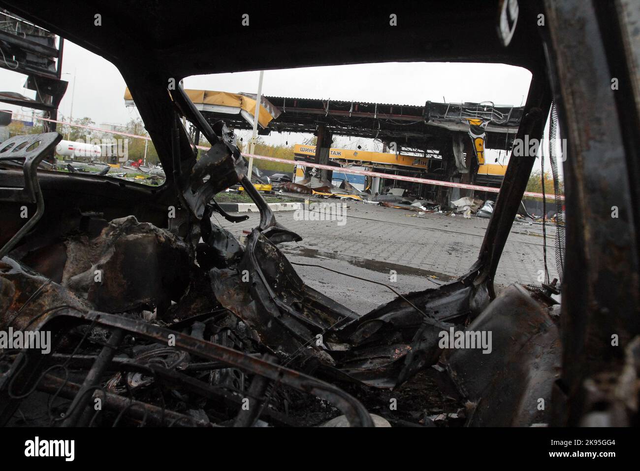 DNIPRO, UKRAINE - OCTOBER 26, 2022 - A petrol station shows damage ...