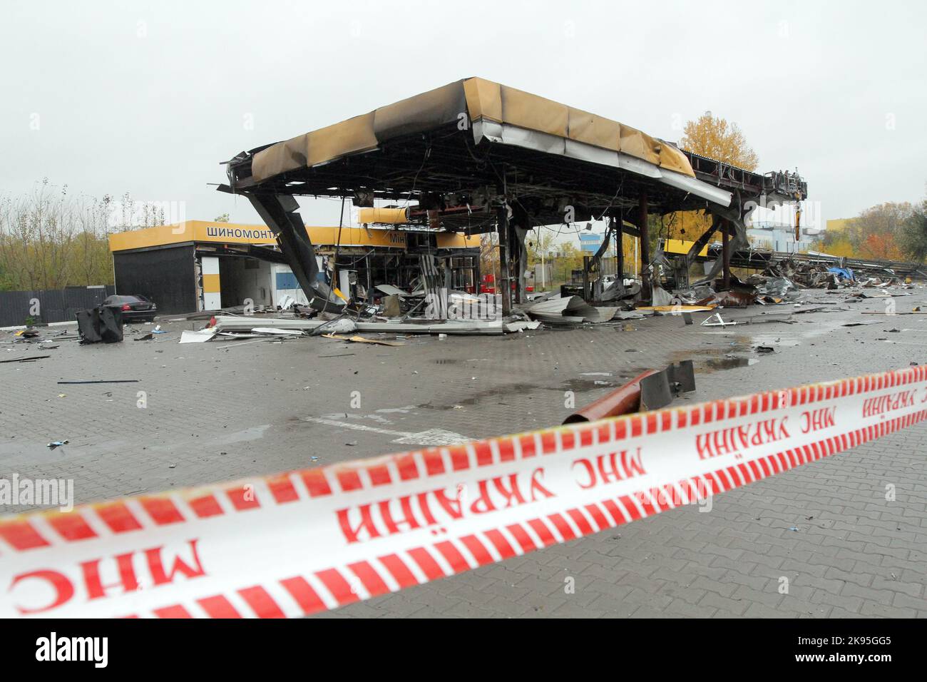 DNIPRO, UKRAINE - OCTOBER 26, 2022 - A petrol station shows damage ...