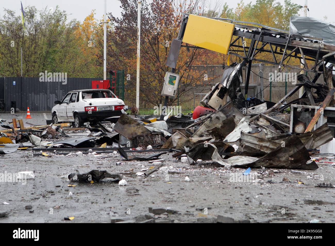 DNIPRO, UKRAINE - OCTOBER 26, 2022 - A petrol station shows damage ...