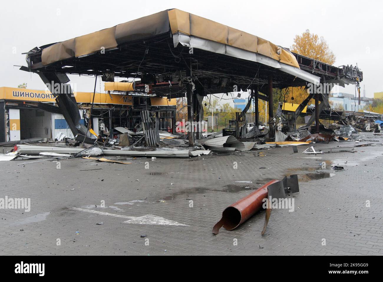 DNIPRO, UKRAINE - OCTOBER 26, 2022 - A petrol station shows damage ...