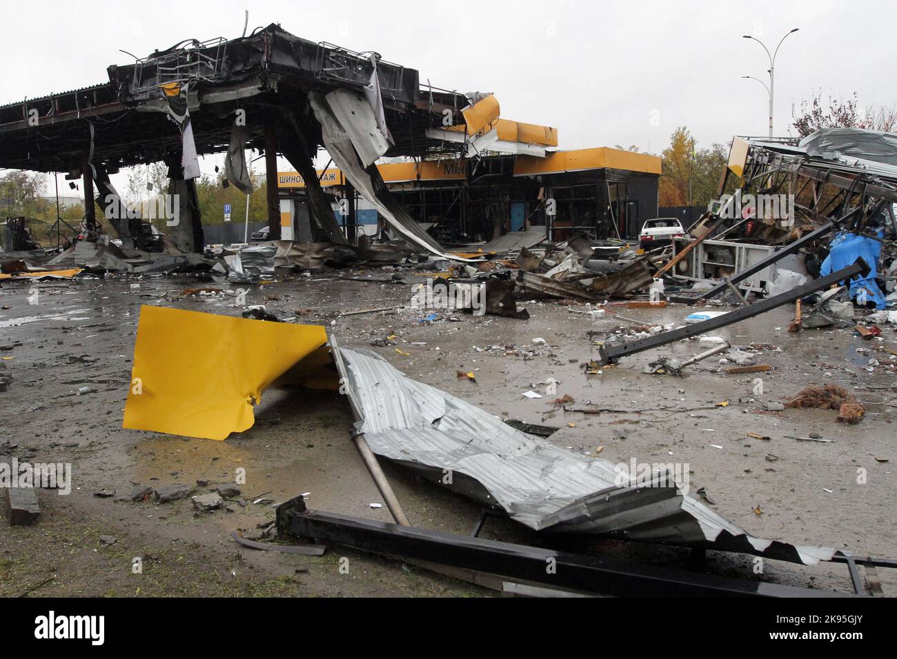 DNIPRO, UKRAINE - OCTOBER 26, 2022 - A petrol station shows damage ...