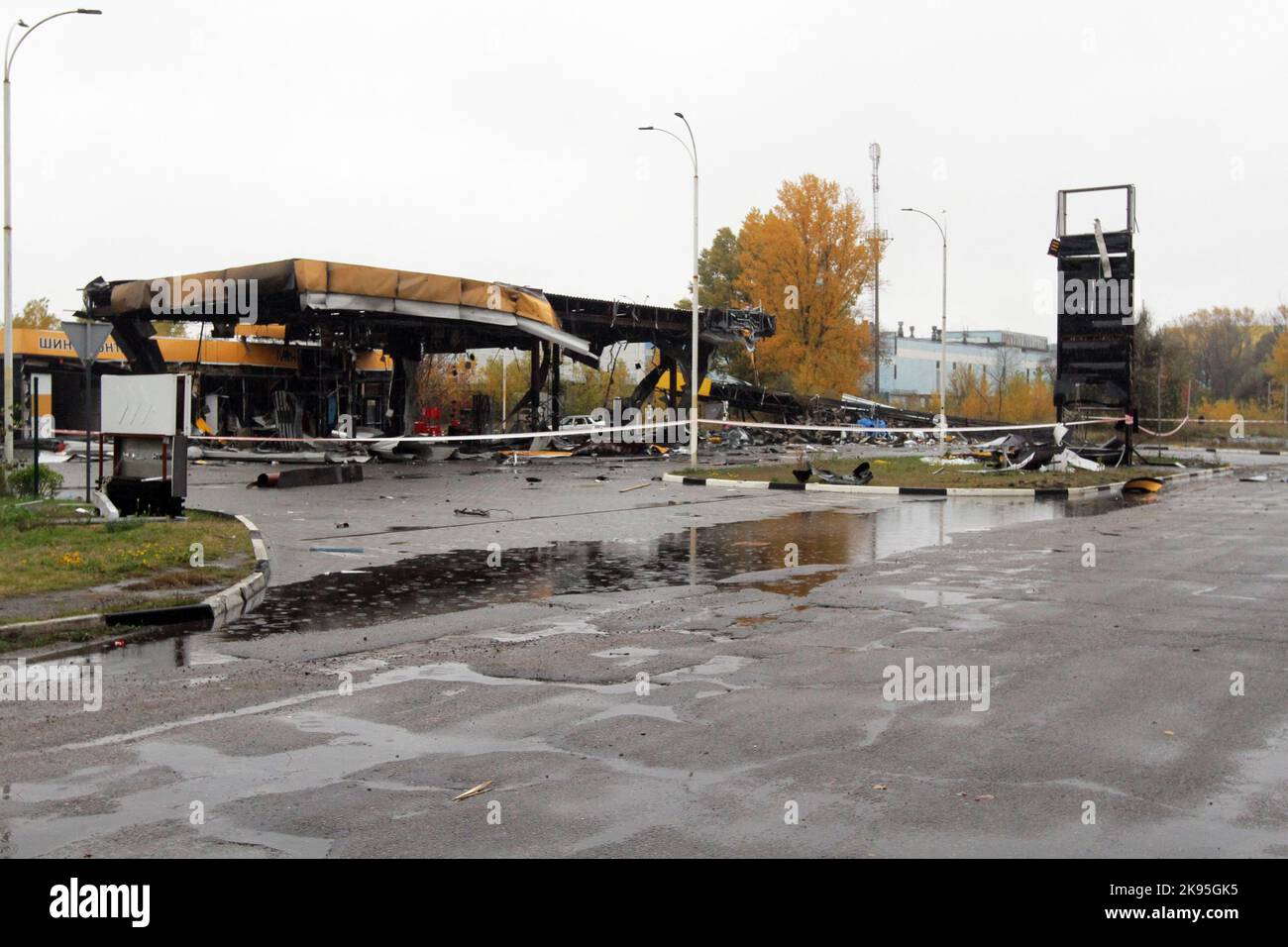 DNIPRO, UKRAINE - OCTOBER 26, 2022 - A petrol station shows damage ...