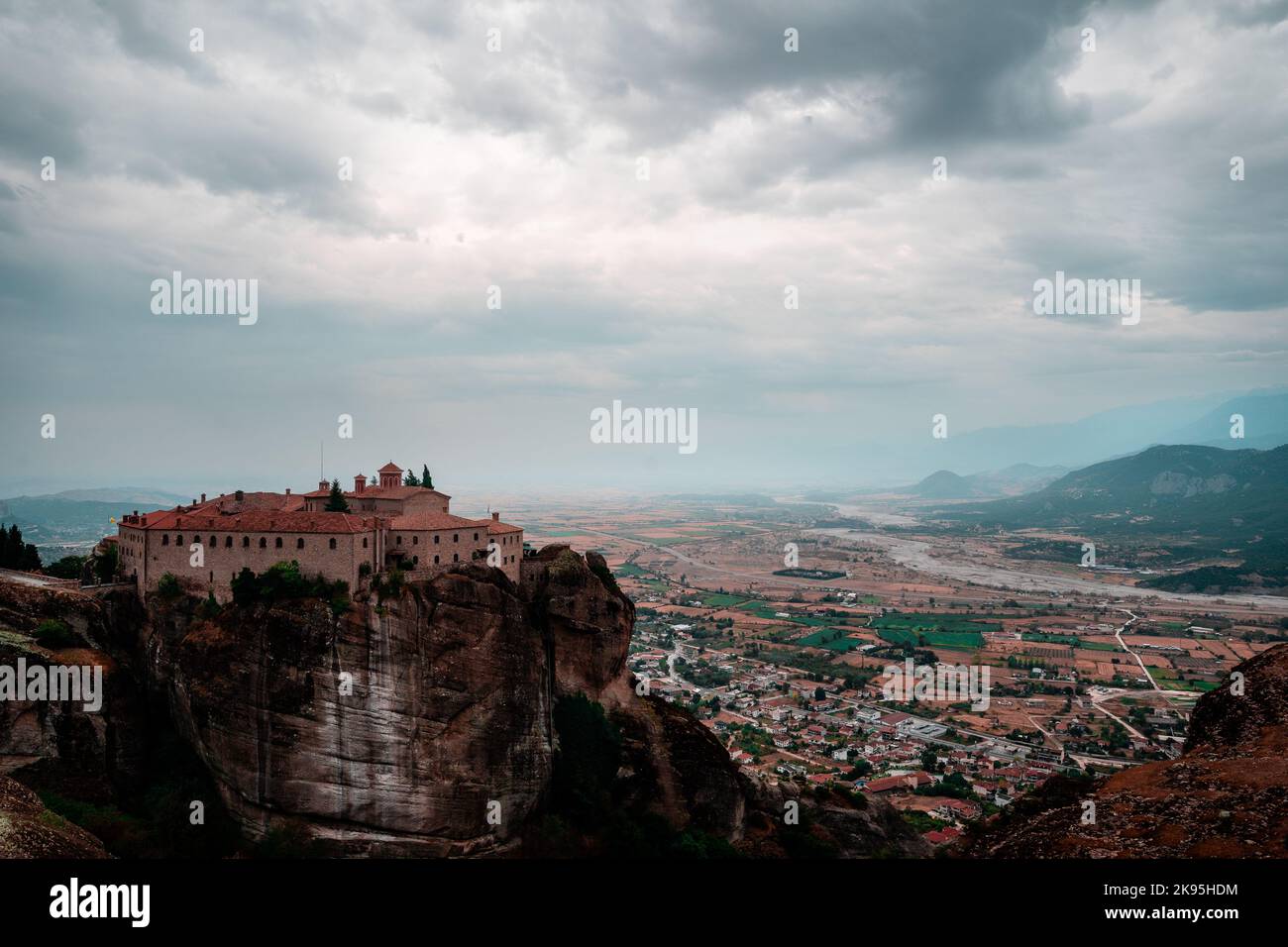 Aerial view of Meteora precipitously built complexes of Eastern ...
