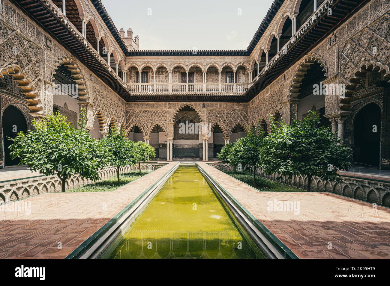 The architecture of the Royal Alcazar of Seville palace in Sevilla ...