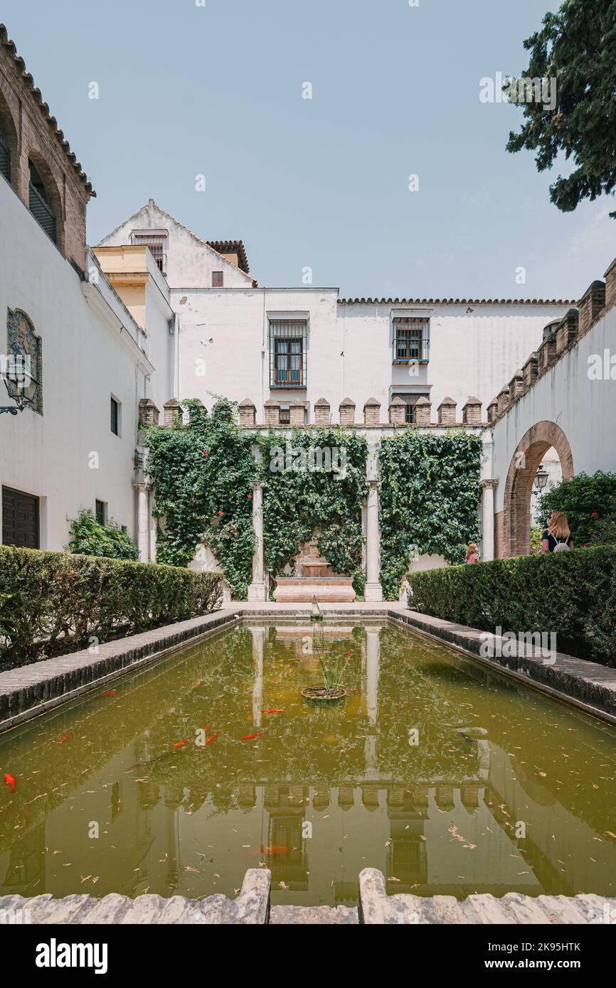 The architecture of the Royal Alcazar of Seville palace in Sevilla ...
