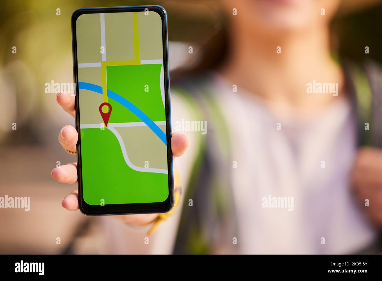 Woman hand, phone screen or gps transport app, travel or delivery for ...