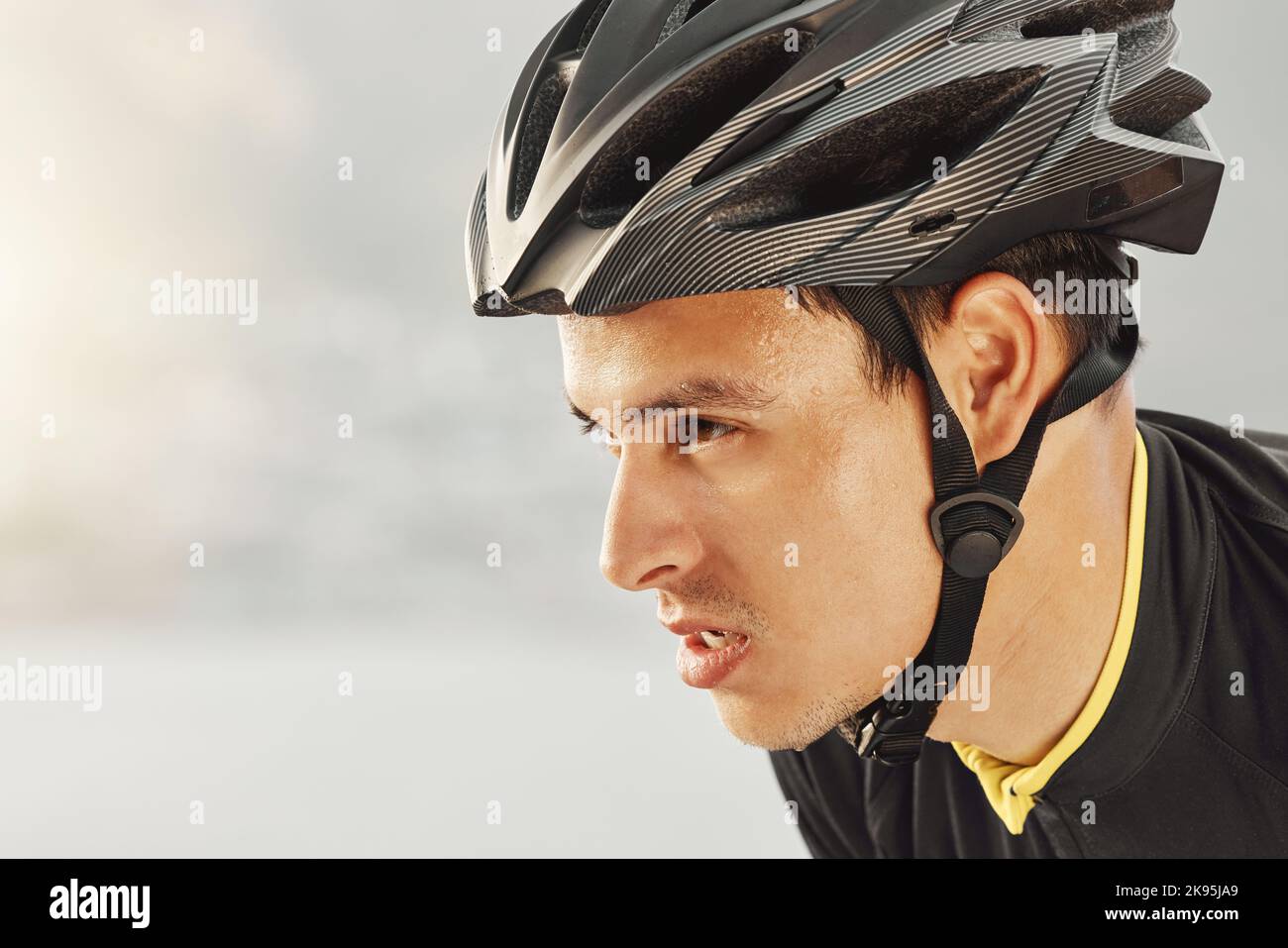 Fitness, man and head of cycling helmet for sports motivation in ...