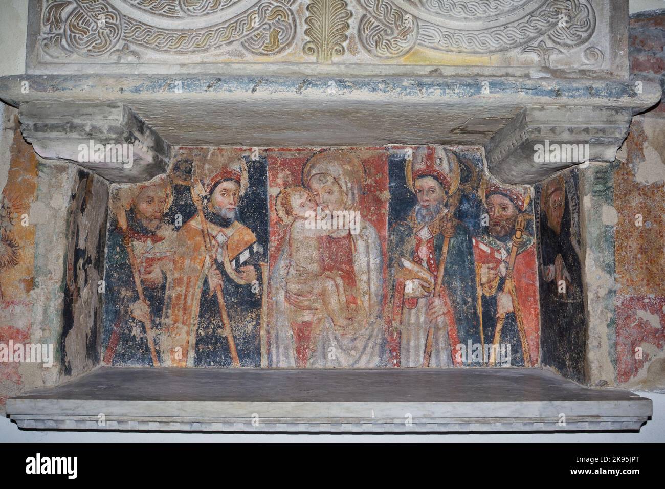 Madonna and Child with abbots and a monk (15th century) - Fresco under ...