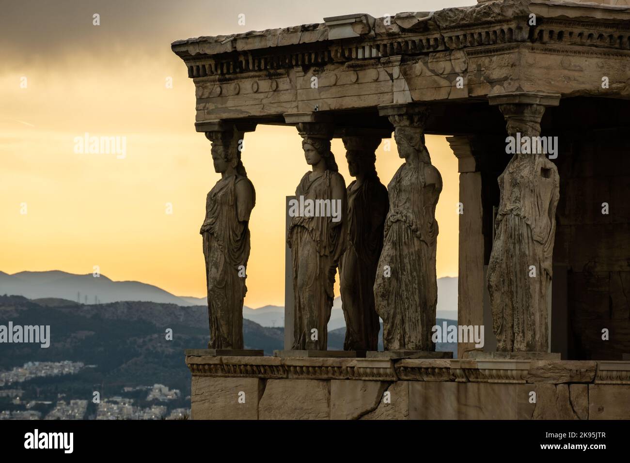 The Caryatides, female statues in the Acropolis of Athens, Greece at a ...