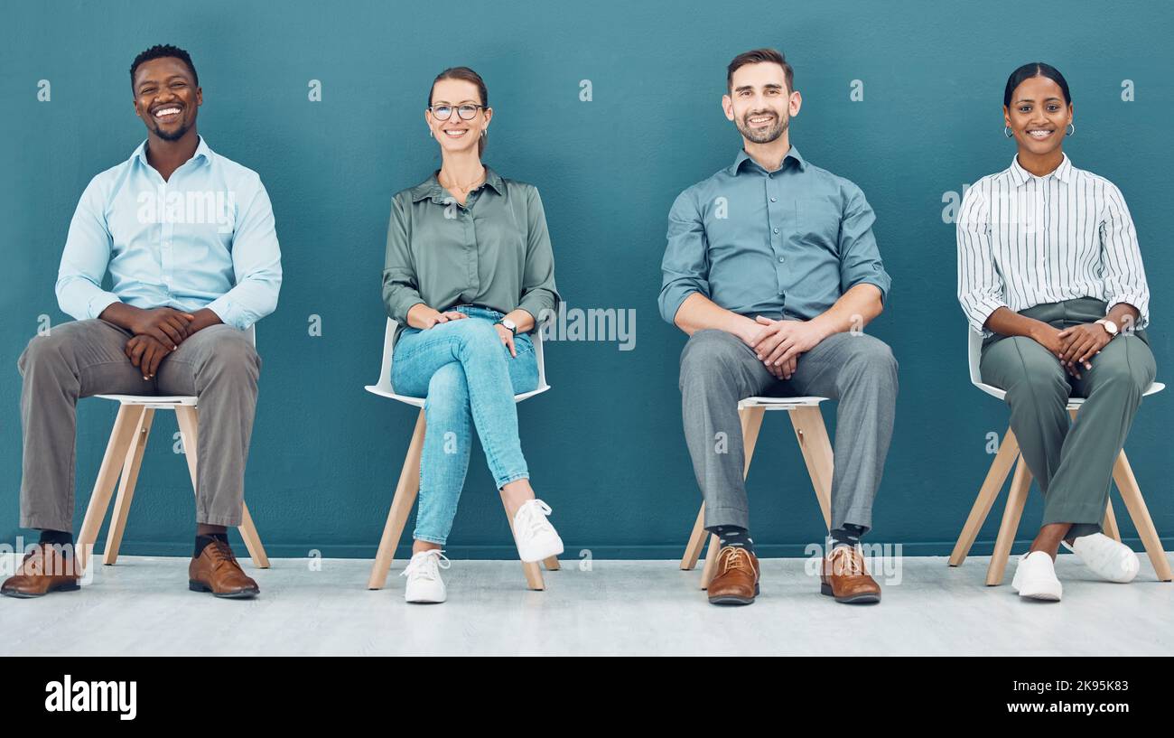 Business people, chairs and row waiting for interview, meeting or ...