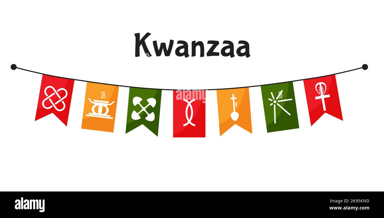Festive bunting flags with seven principles of Kwanzaa symbols. A ...