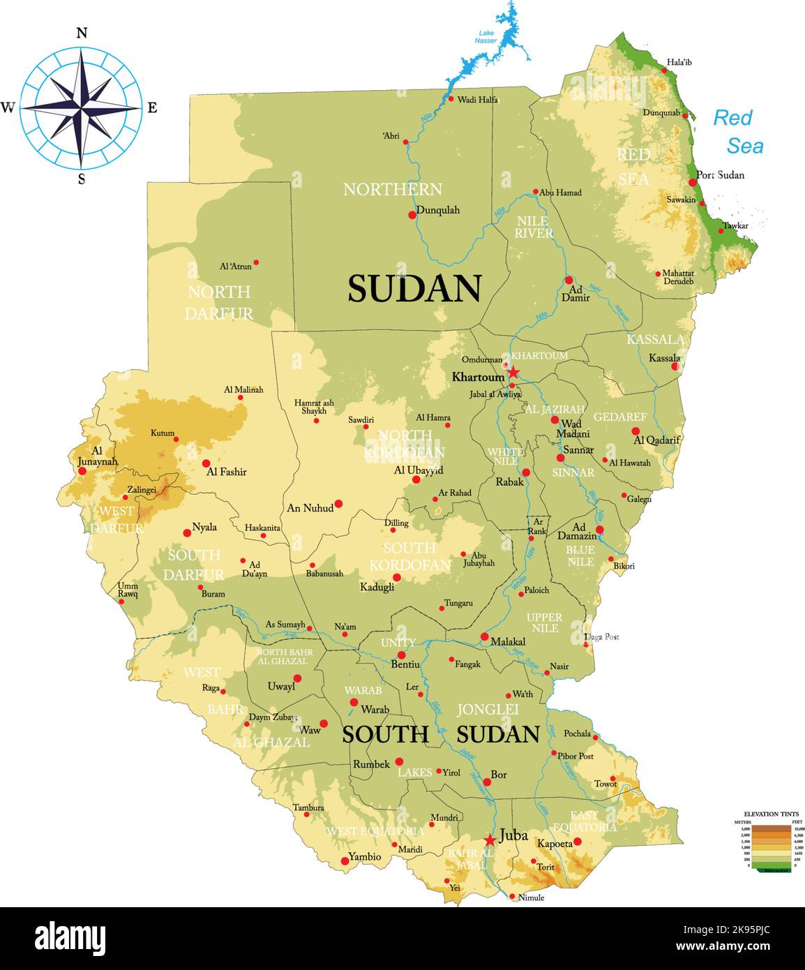 Highly detailed physical map of Sudan and South Sudan in vector format,with all the relief forms ...