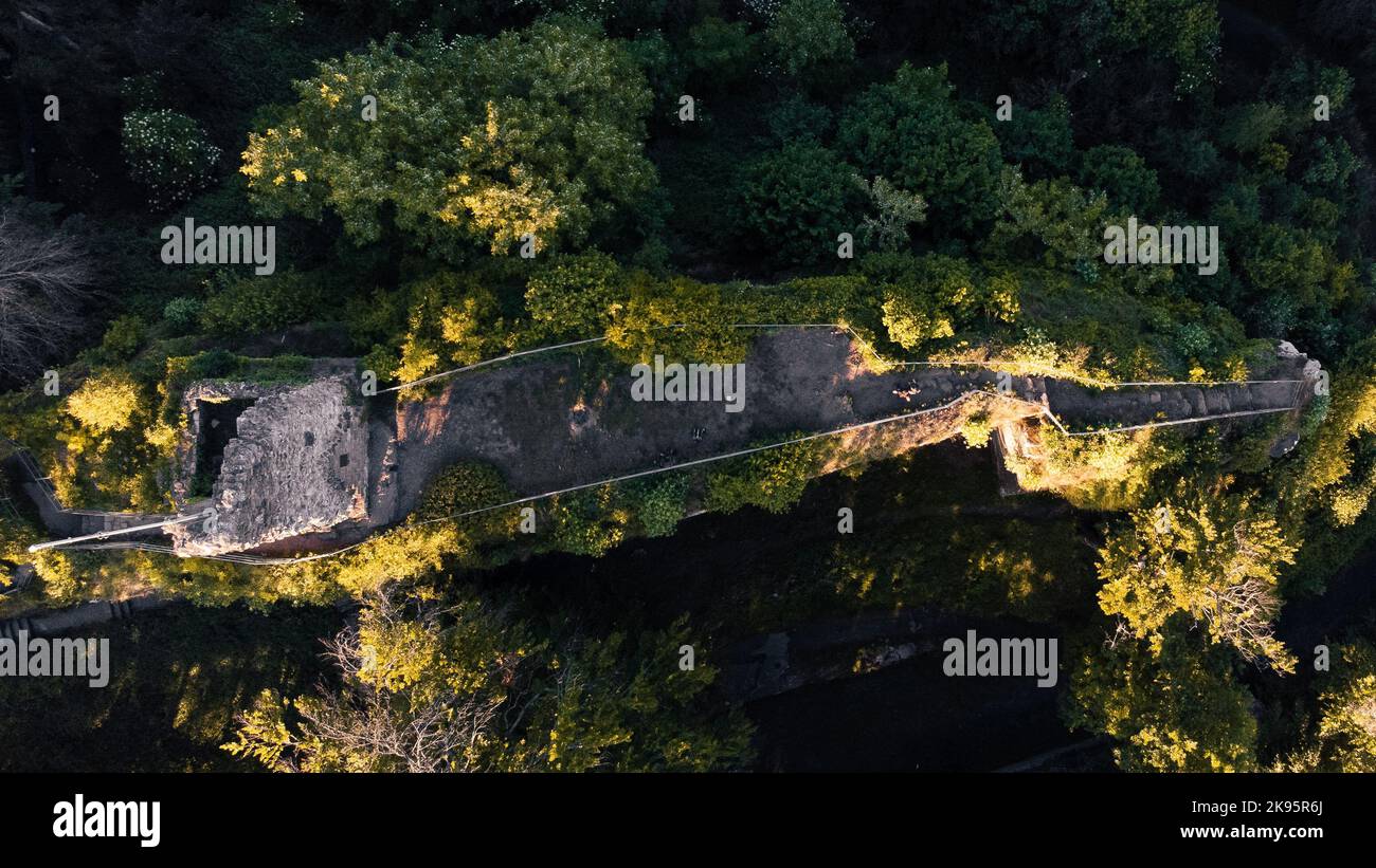 An aerial view of the ruins of the historical Guttenberg castle in ...