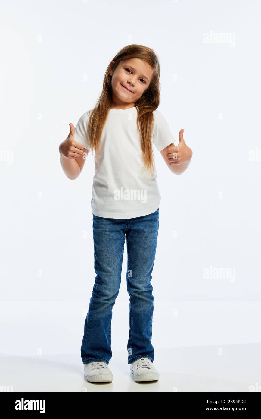 Nice, good. Portrait of elementary school age girl, pupil in casual ...