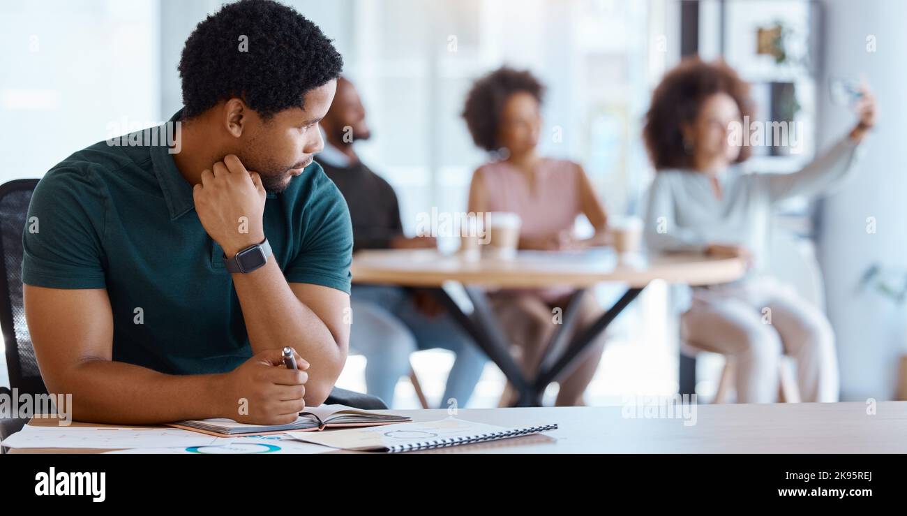 Business people, lonely and black man working in the office while ...
