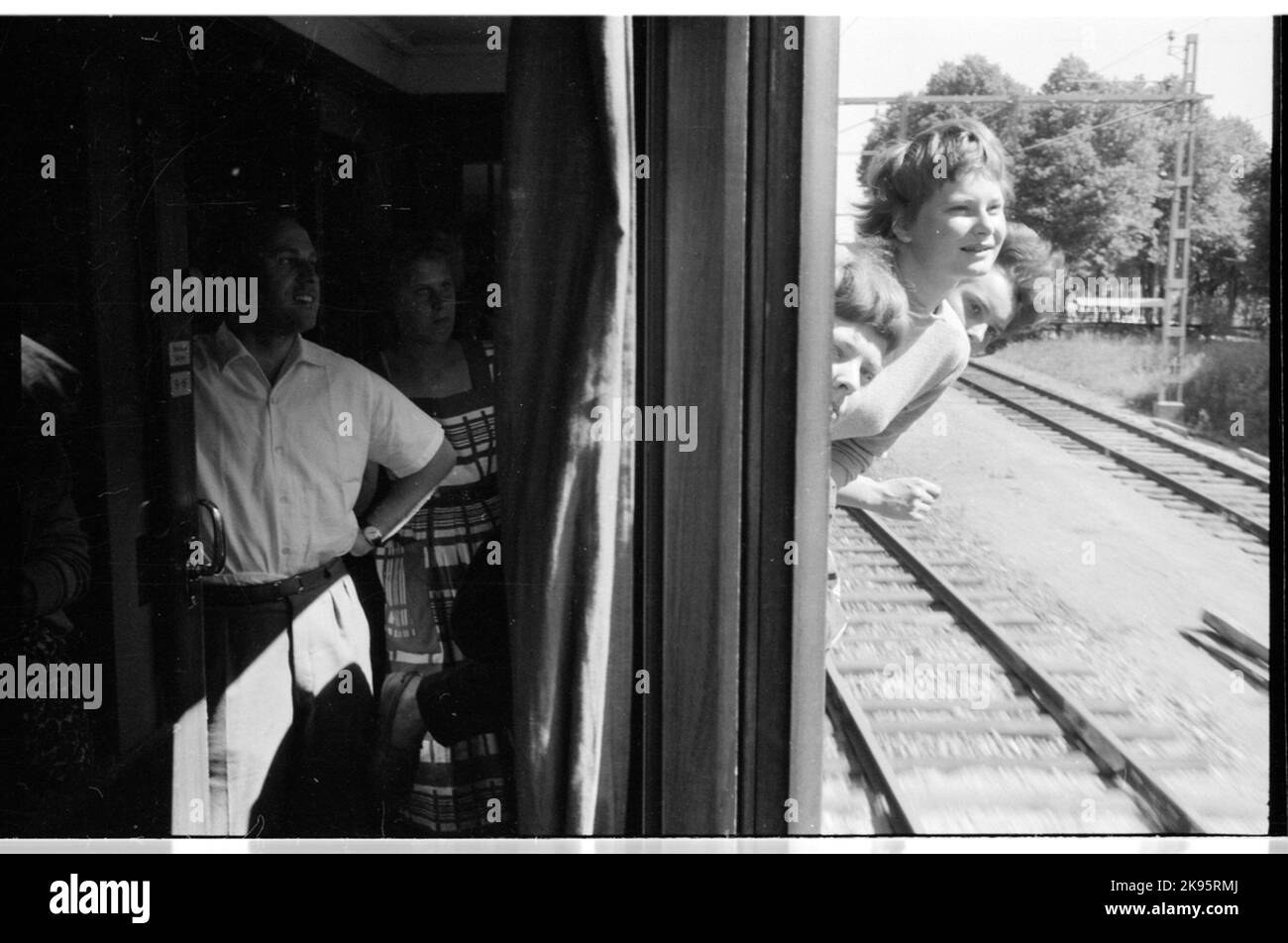 Line image with train travelers leaning out through the windows Stock ...