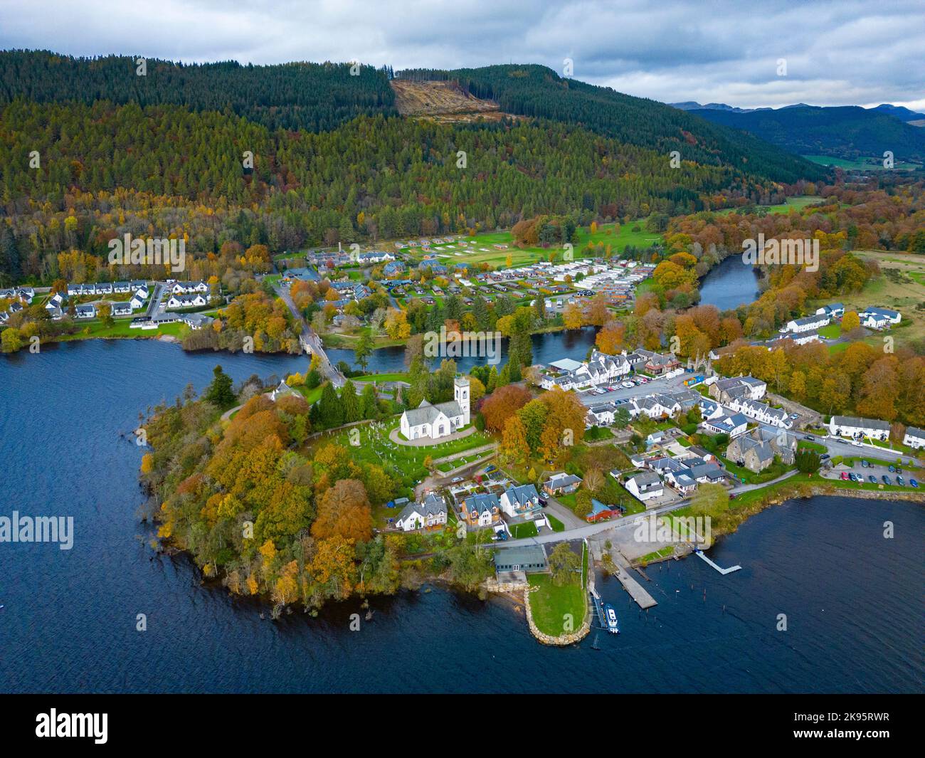 Aerial view of autumn colours at Kenmore on Loch Tay, Perth and Kinross ...
