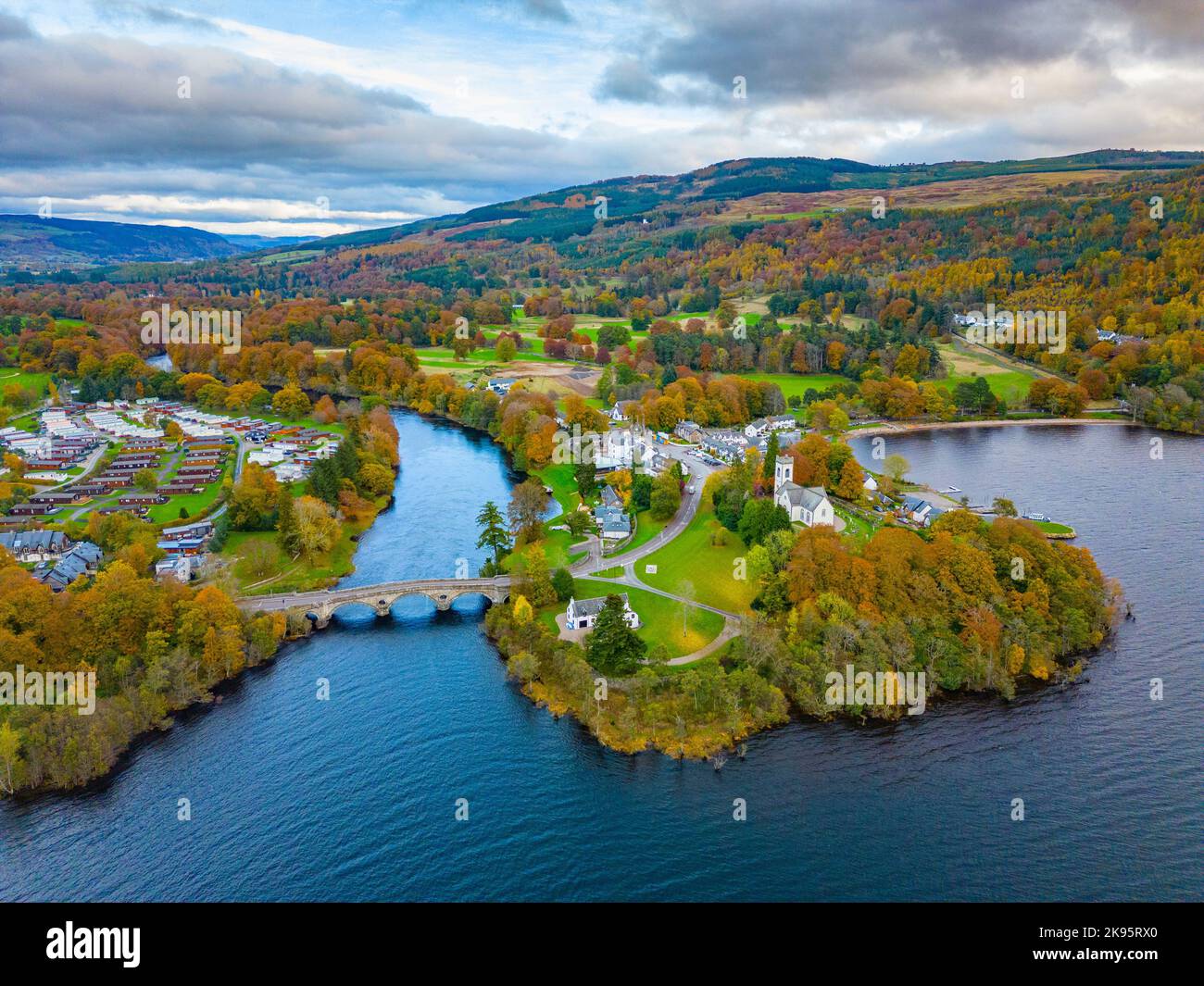 Aerial view of autumn colours at Kenmore on Loch Tay, Perth and Kinross ...