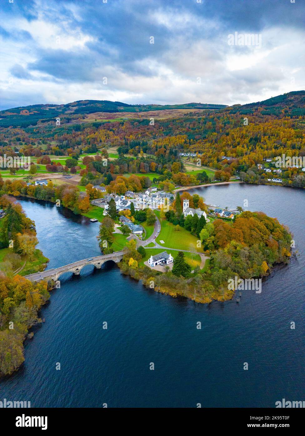 Aerial view of autumn colours at Kenmore on Loch Tay, Perth and Kinross ...