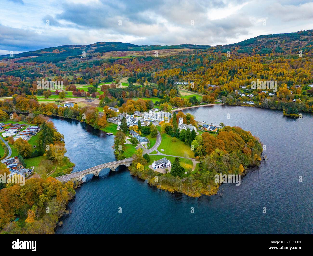 Aerial view of autumn colours at Kenmore on Loch Tay, Perth and Kinross ...