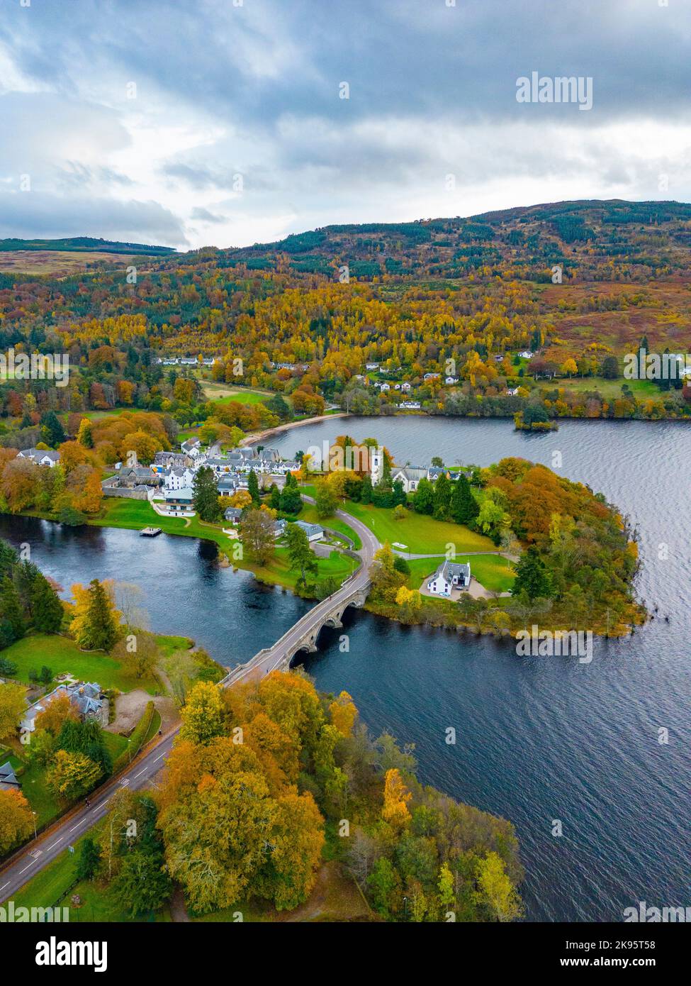 Aerial view of autumn colours at Kenmore on Loch Tay, Perth and Kinross ...