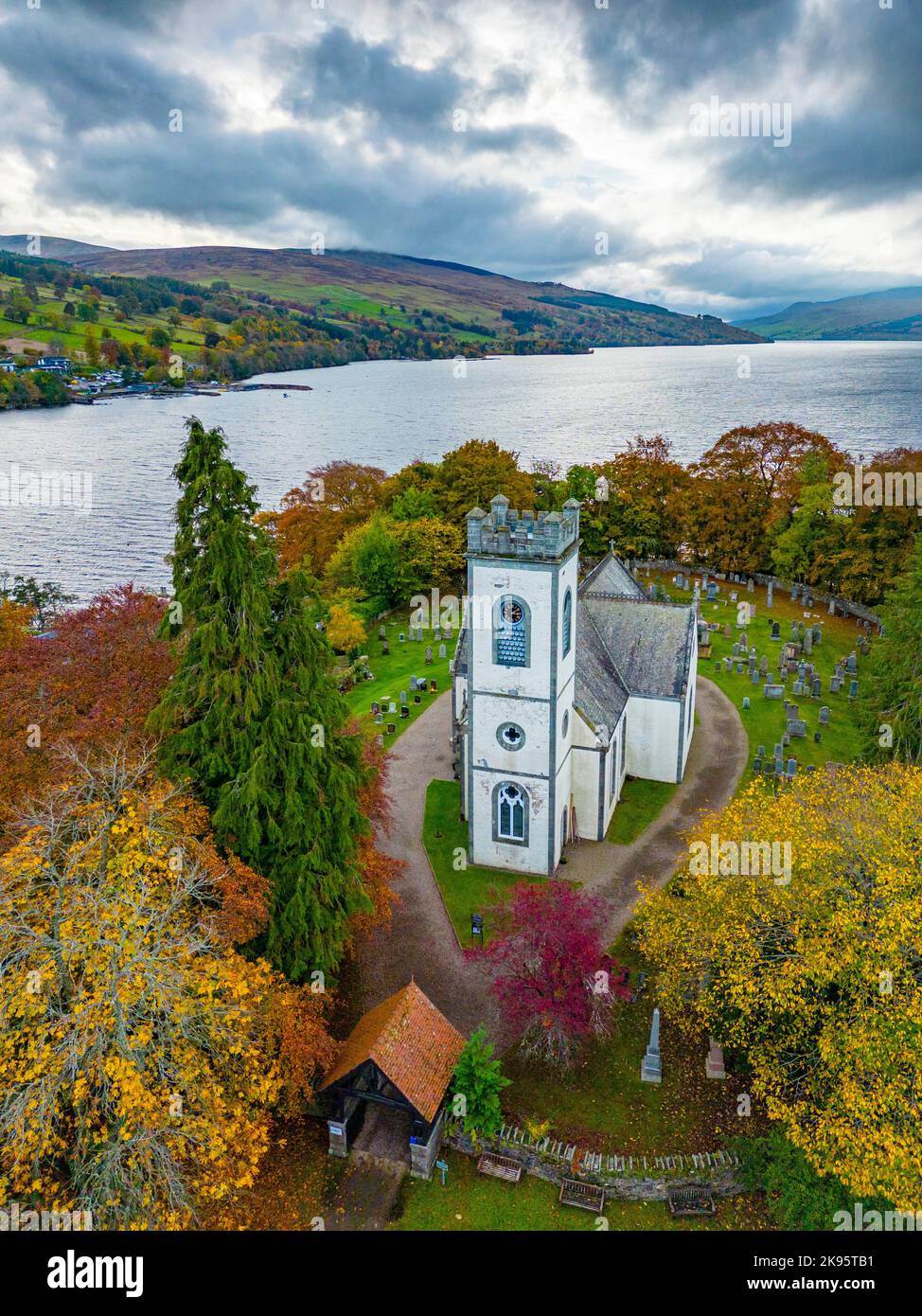 Aerial view of autumn colours at Kenmore on Loch Tay, Perth and Kinross ...